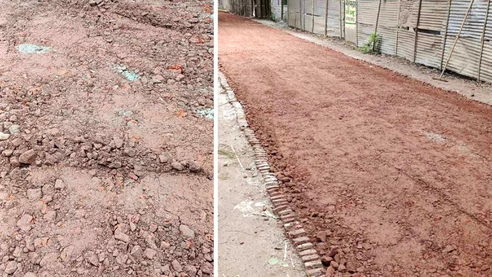 সড়কে নিম্নমানের ইট-মাটির ব্যবহার, ক্ষুব্ধ এলাকাবাসী